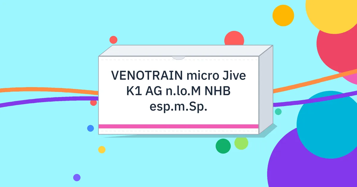 Symbolbild: Packung mit der Aufschrift VENOTRAIN micro Jive K1 AG n.lo.M NHB esp.m.Sp. (PZN 17765735) – Verfügbarkeit und Bezug in Apotheken in Frankfurt am Main