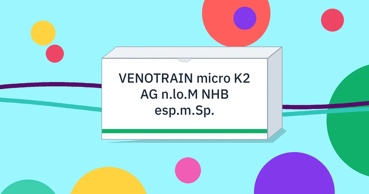 Symbolbild: Packung mit der Aufschrift VENOTRAIN micro K2 AG n.lo.M NHB esp.m.Sp. (PZN 06600675) – Verfügbarkeit und Bezug in Apotheken in Frankfurt am Main