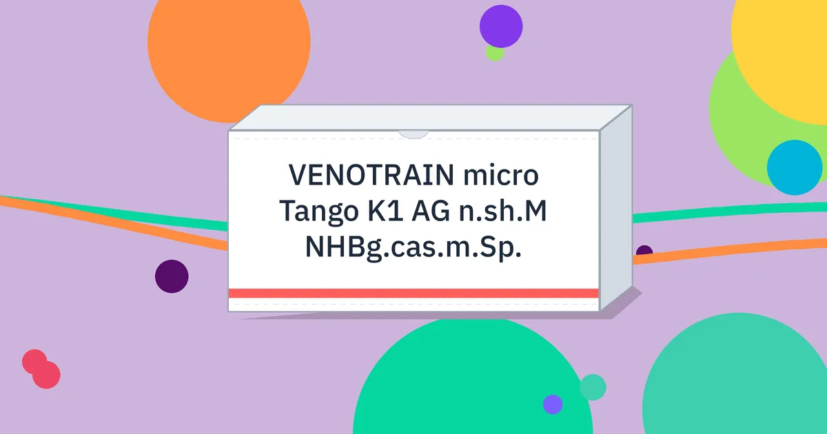 Symbolbild: Packung mit der Aufschrift VENOTRAIN micro Tango K1 AG n.sh.M NHBg.cas.m.Sp. (PZN 20763929) – Verfügbarkeit und Bezug in Apotheken in Frankfurt am Main