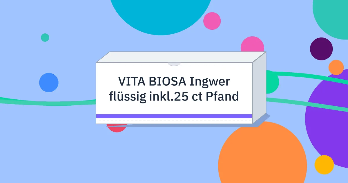 Symbolbild: Packung mit der Aufschrift VITA BIOSA Ingwer flüssig inkl.25 ct Pfand (PZN 18227603) – Verfügbarkeit und Bezug in Apotheken in Frankfurt am Main
