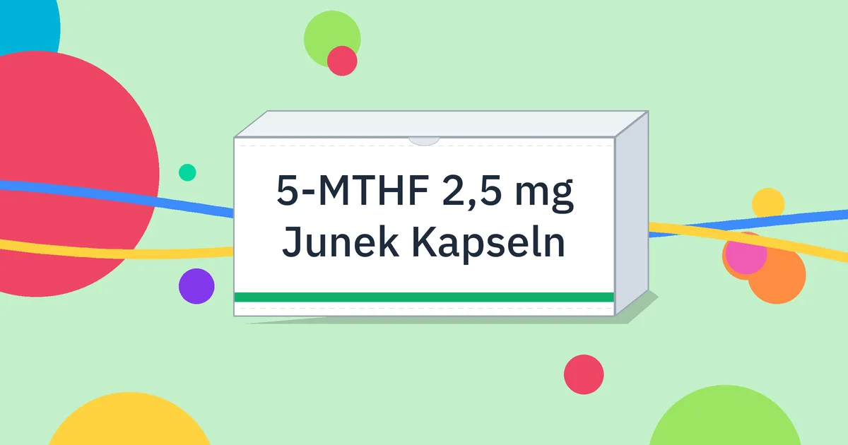 Symbolbild: Packung mit der Aufschrift 5-MTHF 2,5 mg Junek Kapseln (PZN 20078837) – Verfügbarkeit und Bezug in Apotheken in Frankfurt am Main