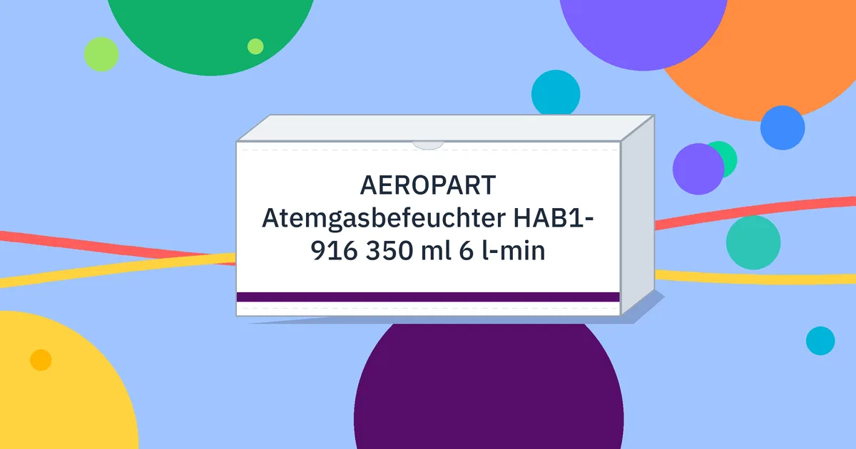 Symbolbild: Packung mit der Aufschrift AEROPART Atemgasbefeuchter HAB1-916 350 ml 6 l-min (PZN 14233392) – Verfügbarkeit und Bezug in Apotheken in Frankfurt am Main