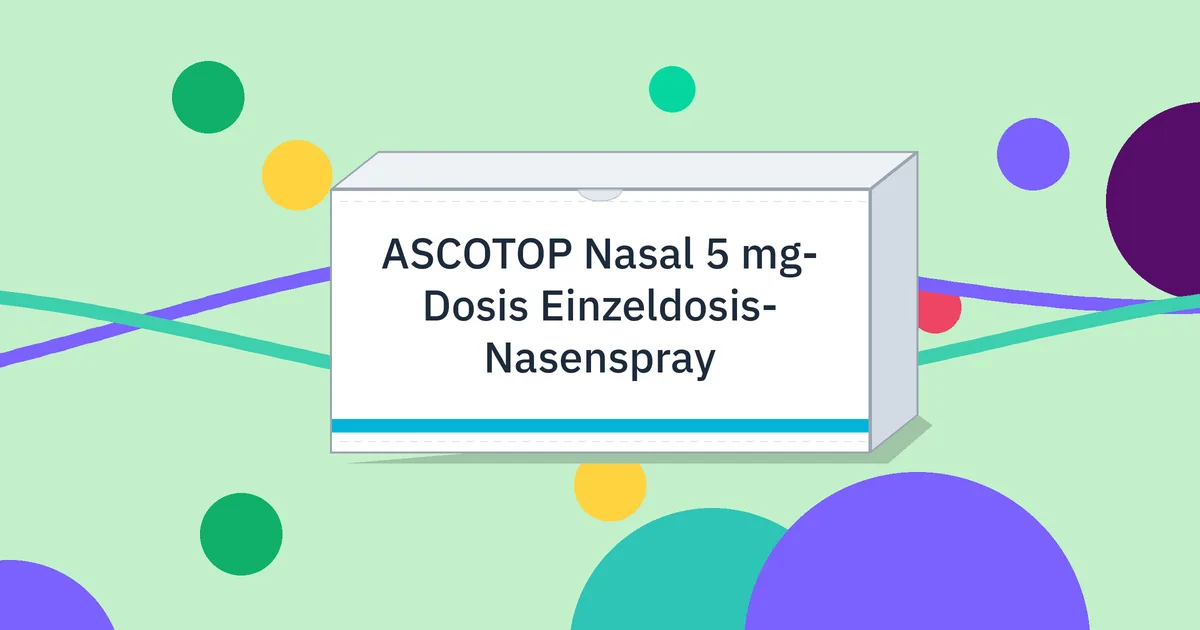 Symbolbild: Packung mit der Aufschrift ASCOTOP Nasal 5 mg-Dosis Einzeldosis-Nasenspray (PZN 03107193) – Verfügbarkeit und Bezug in Apotheken in Frankfurt am Main