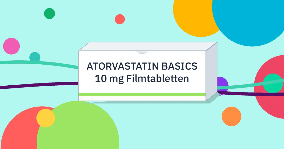Symbolbild: Packung mit der Aufschrift ATORVASTATIN BASICS 10 mg Filmtabletten (PZN 00524192) – Verfügbarkeit und Bezug in Apotheken in Frankfurt am Main
