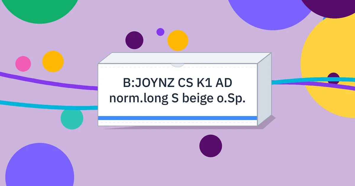 Symbolbild: Packung mit der Aufschrift B:JOYNZ CS K1 AD norm.long S beige o.Sp. (PZN 20528097) – Verfügbarkeit und Bezug in Apotheken in Frankfurt am Main