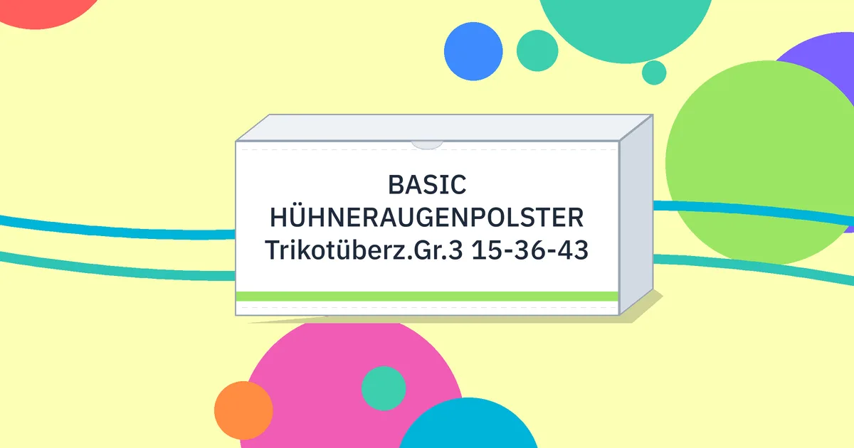 Symbolbild: Packung mit der Aufschrift BASIC HÜHNERAUGENPOLSTER Trikotüberz.Gr.3 15-36-43 (PZN 15380764) – Verfügbarkeit und Bezug in Apotheken in Frankfurt am Main