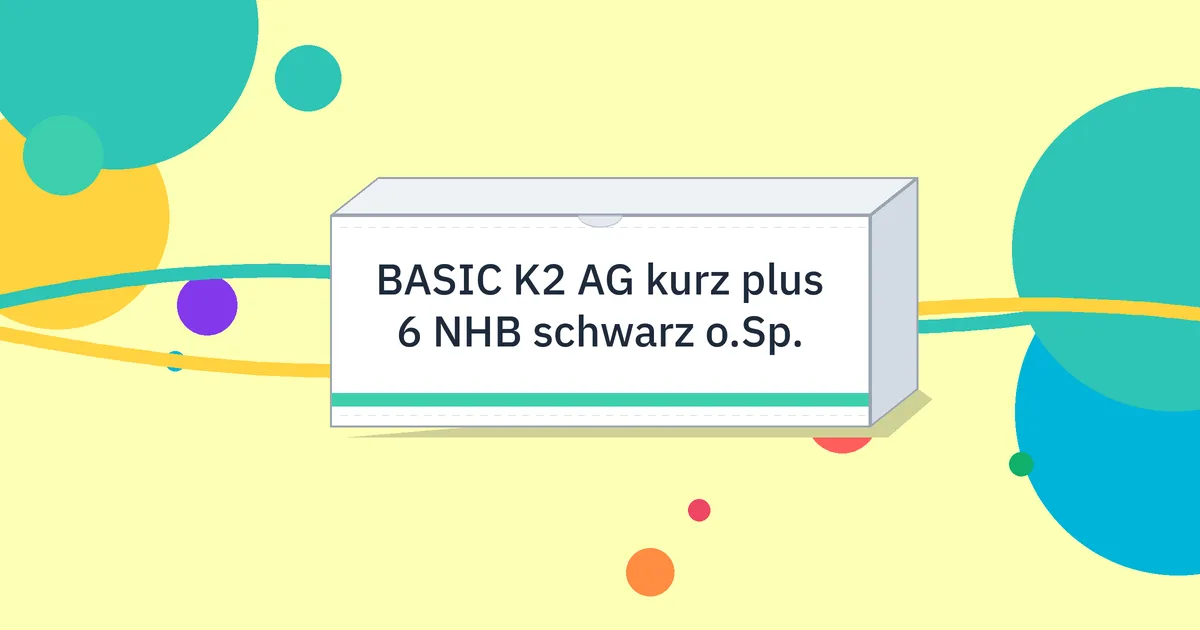 Symbolbild: Packung mit der Aufschrift BASIC K2 AG kurz plus 6 NHB schwarz o.Sp. (PZN 20268331) – Verfügbarkeit und Bezug in Apotheken in Frankfurt am Main
