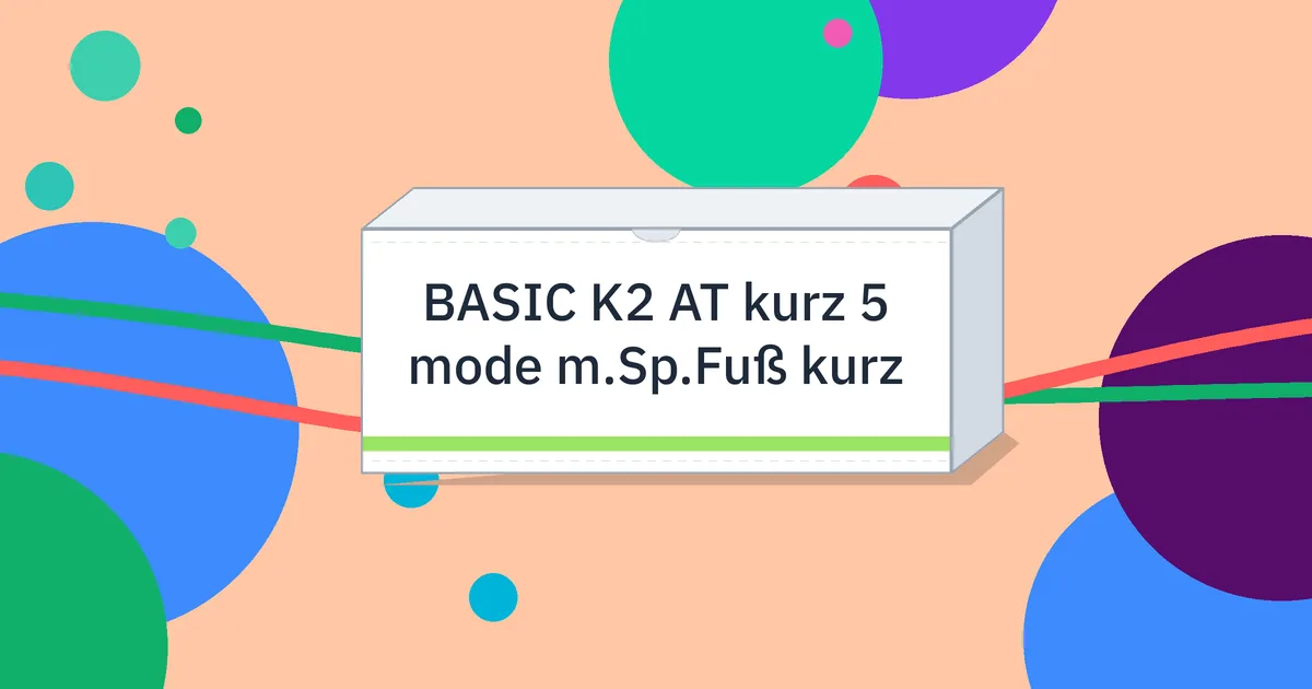 Symbolbild: Packung mit der Aufschrift BASIC K2 AT kurz 5 mode m.Sp.Fuß kurz (PZN 20269744) – Verfügbarkeit und Bezug in Apotheken in Frankfurt am Main