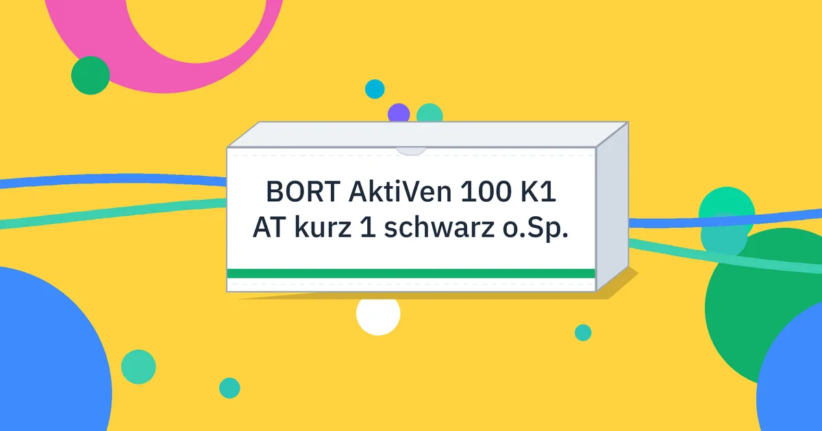 Symbolbild: Packung mit der Aufschrift BORT AktiVen 100 K1 AT kurz 1 schwarz o.Sp. (PZN 14388812) – Verfügbarkeit und Bezug in Apotheken in Frankfurt am Main