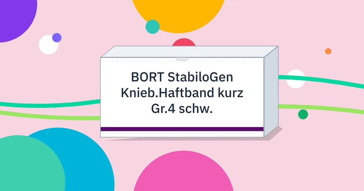 Symbolbild: Packung mit der Aufschrift BORT StabiloGen Knieb.Haftband kurz Gr.4 schw. (PZN 19634799) – Verfügbarkeit und Bezug in Apotheken in Frankfurt am Main