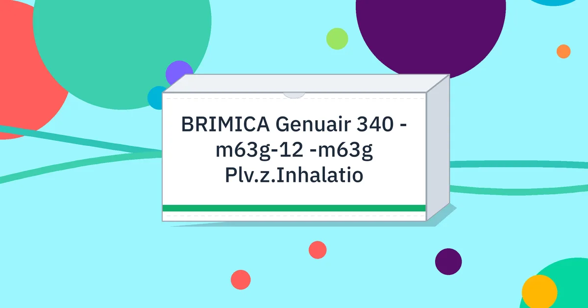 Symbolbild: Packung mit der Aufschrift BRIMICA Genuair 340 -m63g-12 -m63g Plv.z.Inhalatio (PZN 13853425) – Verfügbarkeit und Bezug in Apotheken in Frankfurt am Main