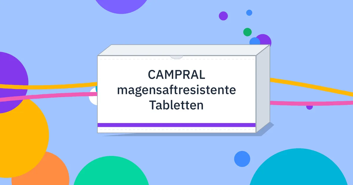 Symbolbild: Packung mit der Aufschrift CAMPRAL magensaftresistente Tabletten (PZN 06905920) – Verfügbarkeit und Bezug in Apotheken in Frankfurt am Main