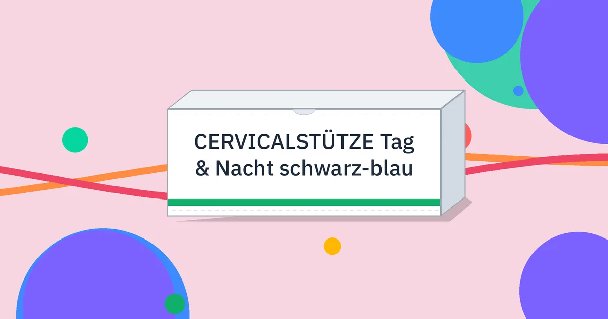 Symbolbild: Packung mit der Aufschrift CERVICALSTÜTZE Tag & Nacht schwarz-blau (PZN 13827310) – Verfügbarkeit und Bezug in Apotheken in Frankfurt am Main
