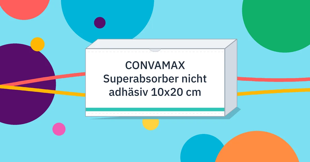 Symbolbild: Packung mit der Aufschrift CONVAMAX Superabsorber nicht adhäsiv 10x20 cm (PZN 17200157) – Verfügbarkeit und Bezug in Apotheken in Frankfurt am Main