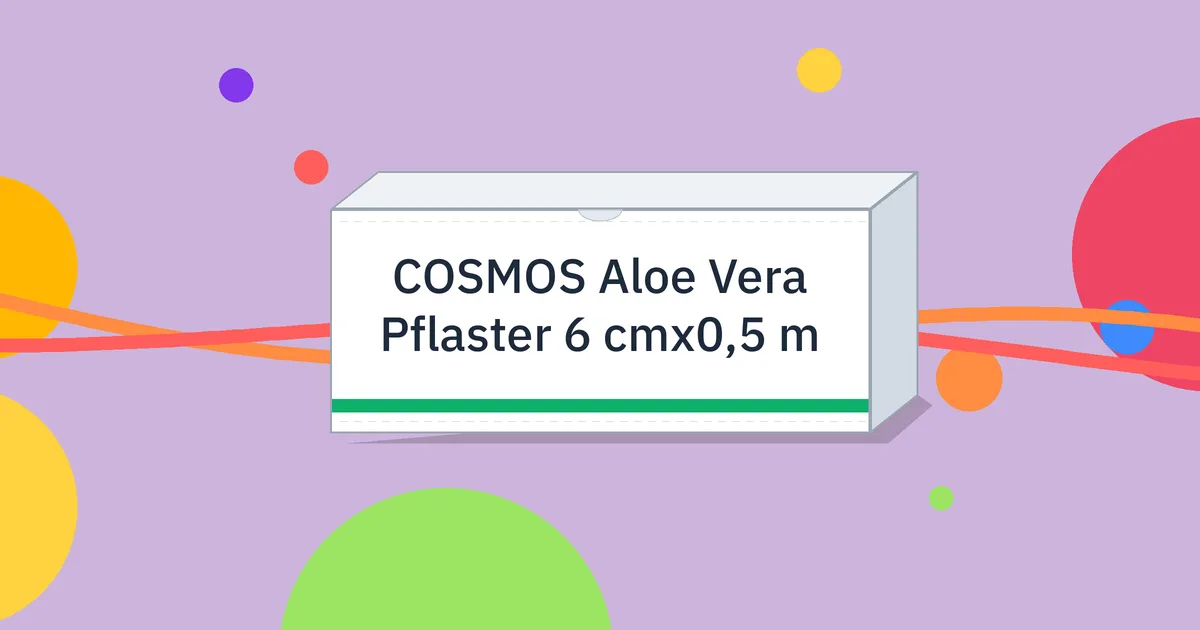 Symbolbild: Packung mit der Aufschrift COSMOS Aloe Vera Pflaster 6 cmx0,5 m (PZN 19485804) – Verfügbarkeit und Bezug in Apotheken in Frankfurt am Main