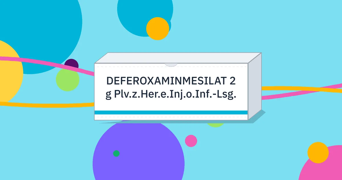 Symbolbild: Packung mit der Aufschrift DEFEROXAMINMESILAT 2 g Plv.z.Her.e.Inj.o.Inf.-Lsg. (PZN 12543295) – Verfügbarkeit und Bezug in Apotheken in Frankfurt am Main