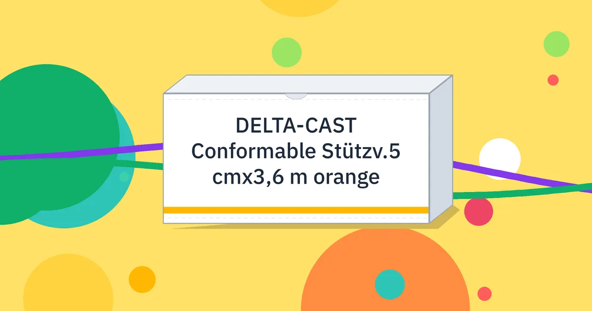 Symbolbild: Packung mit der Aufschrift DELTA-CAST Conformable Stützv.5 cmx3,6 m orange (PZN 04590978) – Verfügbarkeit und Bezug in Apotheken in Frankfurt am Main