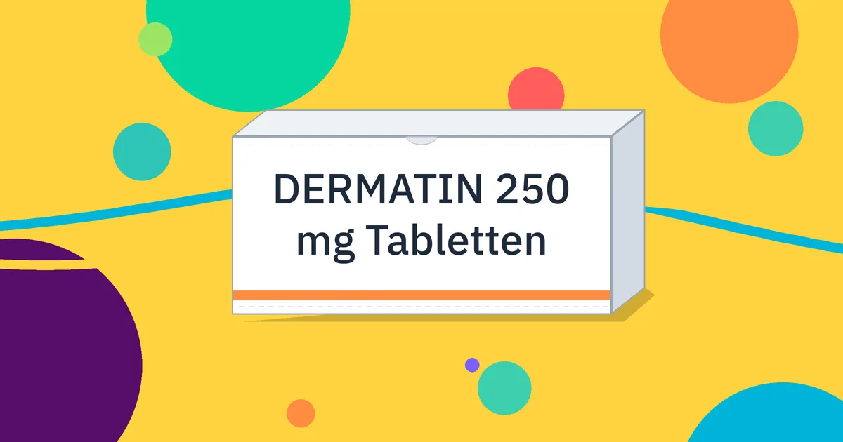 Symbolbild: Packung mit der Aufschrift DERMATIN 250 mg Tabletten (PZN 04218428) – Verfügbarkeit und Bezug in Apotheken in Frankfurt am Main