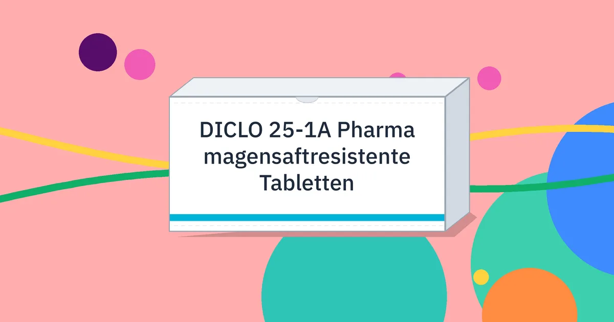 Symbolbild: Packung mit der Aufschrift DICLO 25-1A Pharma magensaftresistente Tabletten (PZN 08533629) – Verfügbarkeit und Bezug in Apotheken in Frankfurt am Main
