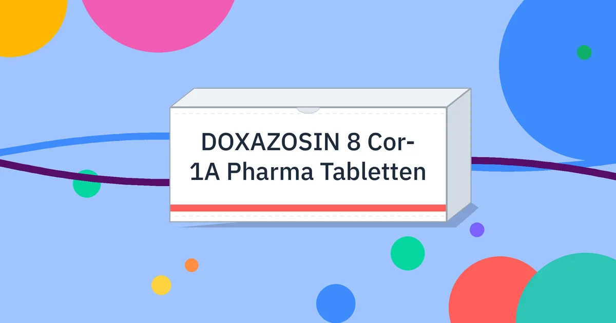 Symbolbild: Packung mit der Aufschrift DOXAZOSIN 8 Cor-1A Pharma Tabletten (PZN 02213616) – Verfügbarkeit und Bezug in Apotheken in Frankfurt am Main
