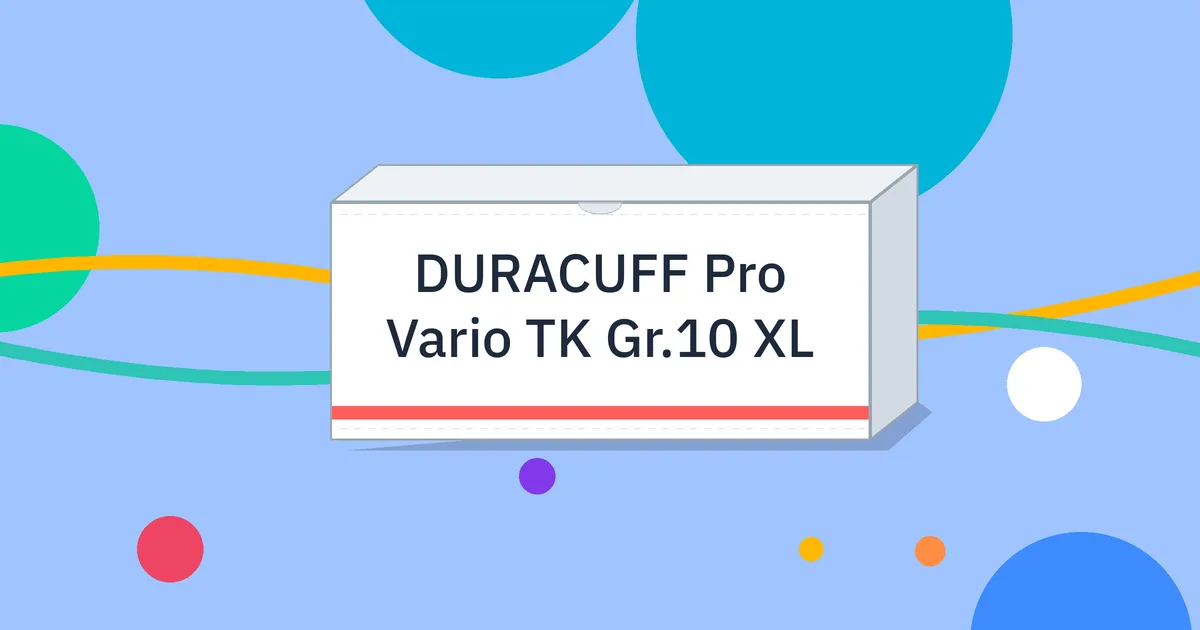 Symbolbild: Packung mit der Aufschrift DURACUFF Pro Vario TK Gr.10 XL (PZN 19245566) – Verfügbarkeit und Bezug in Apotheken in Frankfurt am Main