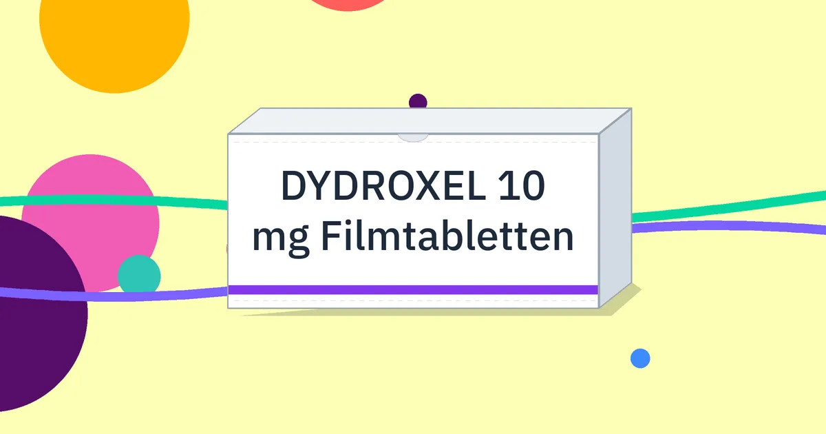 Symbolbild: Packung mit der Aufschrift DYDROXEL 10 mg Filmtabletten (PZN 20899617) – Verfügbarkeit und Bezug in Apotheken in Frankfurt am Main