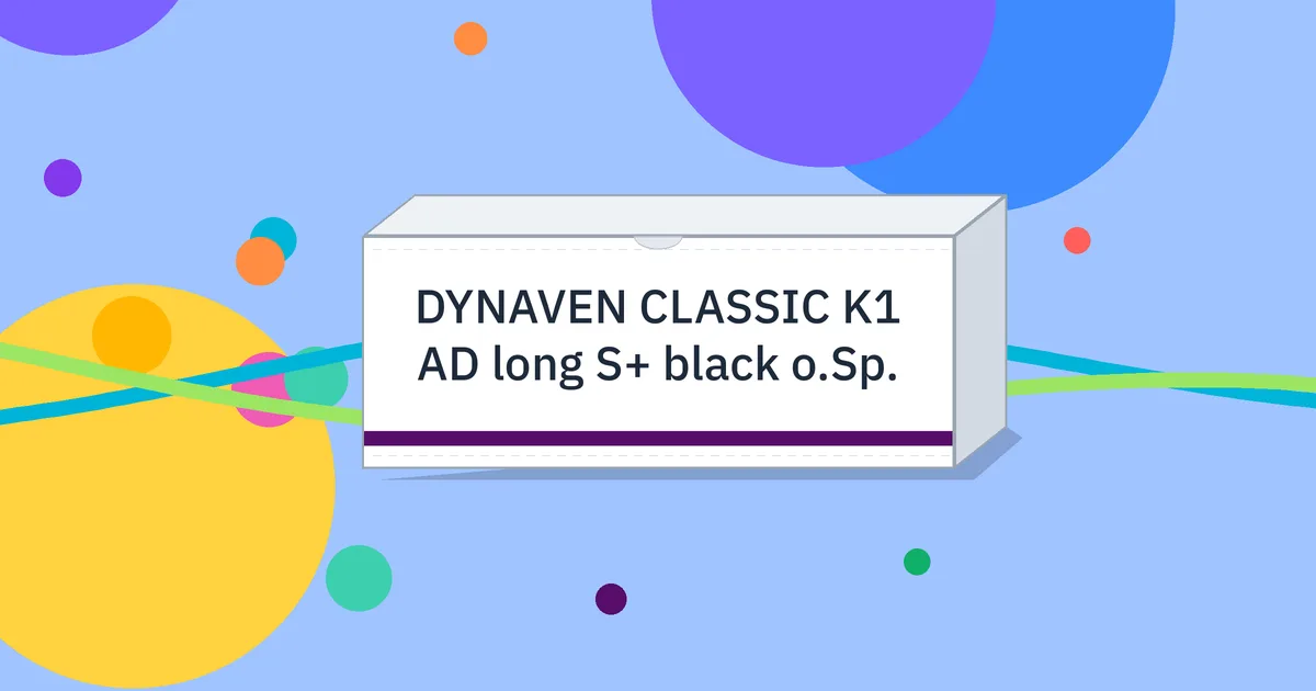 Symbolbild: Packung mit der Aufschrift DYNAVEN CLASSIC K1 AD long S+ black o.Sp. (PZN 18414239) – Verfügbarkeit und Bezug in Apotheken in Frankfurt am Main