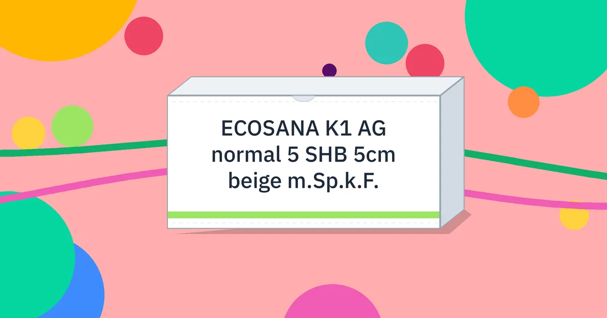 Symbolbild: Packung mit der Aufschrift ECOSANA K1 AG normal 5 SHB 5cm beige m.Sp.k.F. (PZN 04729034) – Verfügbarkeit und Bezug in Apotheken in Frankfurt am Main