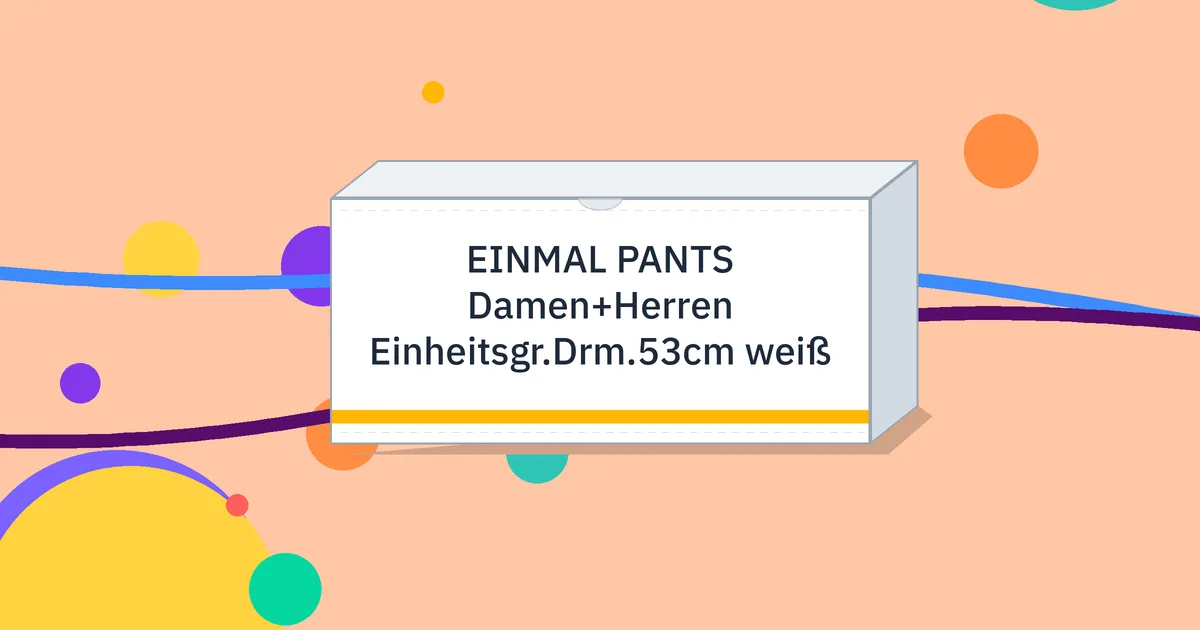 Symbolbild: Packung mit der Aufschrift EINMAL PANTS Damen+Herren Einheitsgr.Drm.53cm weiß (PZN 12146217) – Verfügbarkeit und Bezug in Apotheken in Frankfurt am Main
