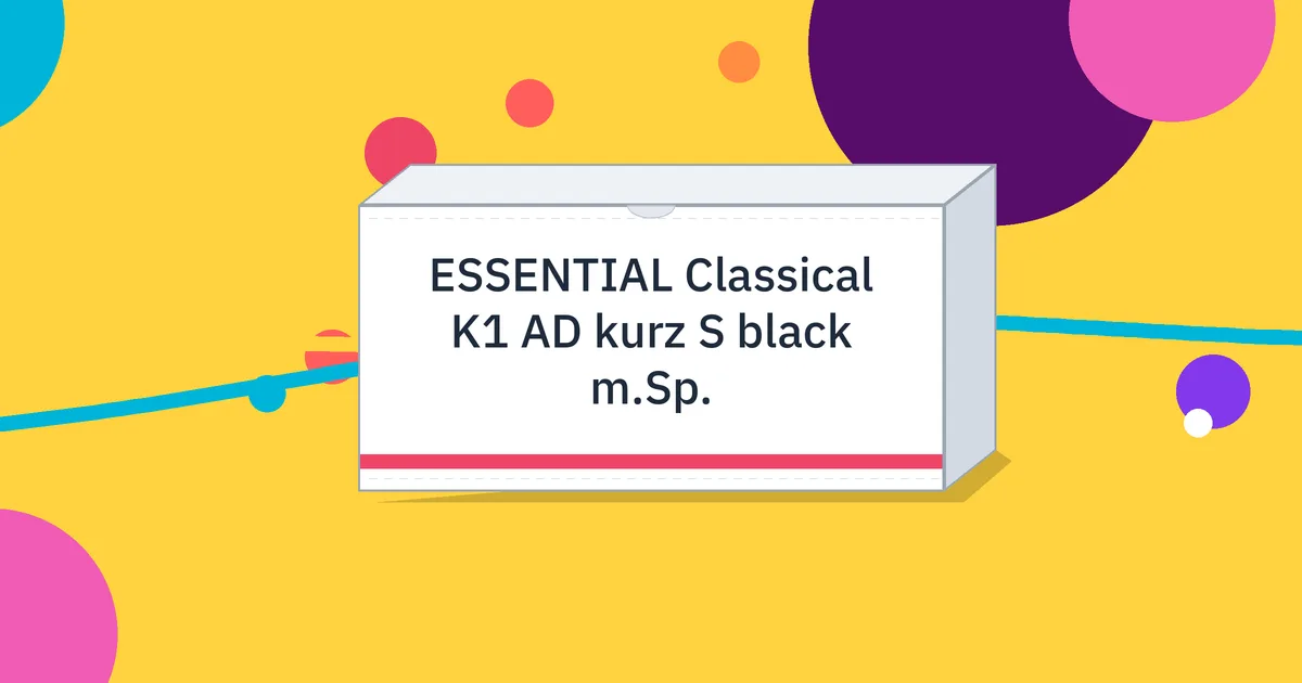 Symbolbild: Packung mit der Aufschrift ESSENTIAL Classical K1 AD kurz S black m.Sp. (PZN 16999833) – Verfügbarkeit und Bezug in Apotheken in Frankfurt am Main
