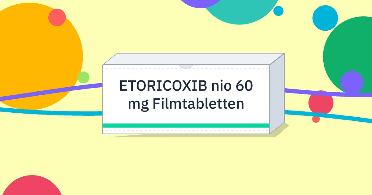Symbolbild: Packung mit der Aufschrift ETORICOXIB nio 60 mg Filmtabletten (PZN 20348030) – Verfügbarkeit und Bezug in Apotheken in Frankfurt am Main
