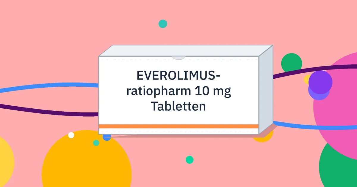 Symbolbild: Packung mit der Aufschrift EVEROLIMUS-ratiopharm 10 mg Tabletten (PZN 13350658) – Verfügbarkeit und Bezug in Apotheken in Frankfurt am Main