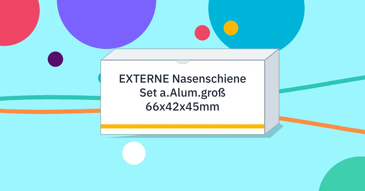 Symbolbild: Packung mit der Aufschrift EXTERNE Nasenschiene Set a.Alum.groß 66x42x45mm (PZN 06495965) – Verfügbarkeit und Bezug in Apotheken in Frankfurt am Main