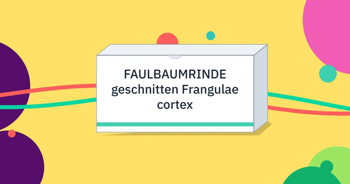 Symbolbild: Packung mit der Aufschrift FAULBAUMRINDE geschnitten Frangulae cortex (PZN 20953825) – Verfügbarkeit und Bezug in Apotheken in Frankfurt am Main