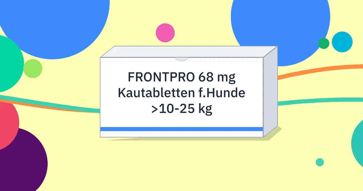 Symbolbild: Packung mit der Aufschrift FRONTPRO 68 mg Kautabletten f.Hunde >10-25 kg (PZN 18654297) – Verfügbarkeit und Bezug in Apotheken in Frankfurt am Main