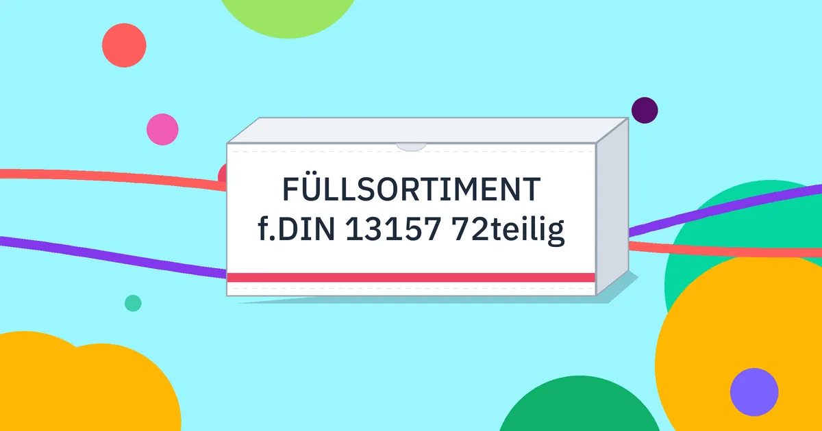 Symbolbild: Packung mit der Aufschrift FÜLLSORTIMENT f.DIN 13157 72teilig (PZN 01870950) – Verfügbarkeit und Bezug in Apotheken in Frankfurt am Main