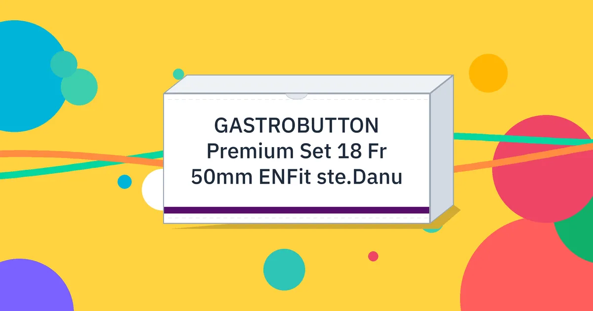 Symbolbild: Packung mit der Aufschrift GASTROBUTTON Premium Set 18 Fr 50mm ENFit ste.Danu (PZN 16883881) – Verfügbarkeit und Bezug in Apotheken in Frankfurt am Main