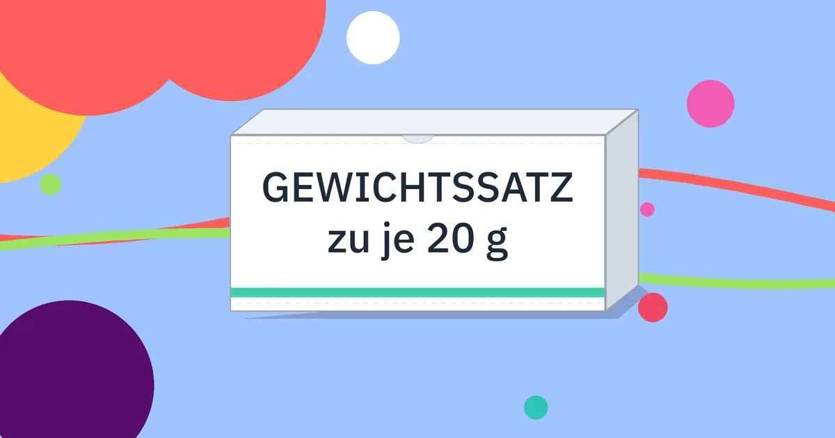 Symbolbild: Packung mit der Aufschrift GEWICHTSSATZ zu je 20 g (PZN 19726567) – Verfügbarkeit und Bezug in Apotheken in Frankfurt am Main