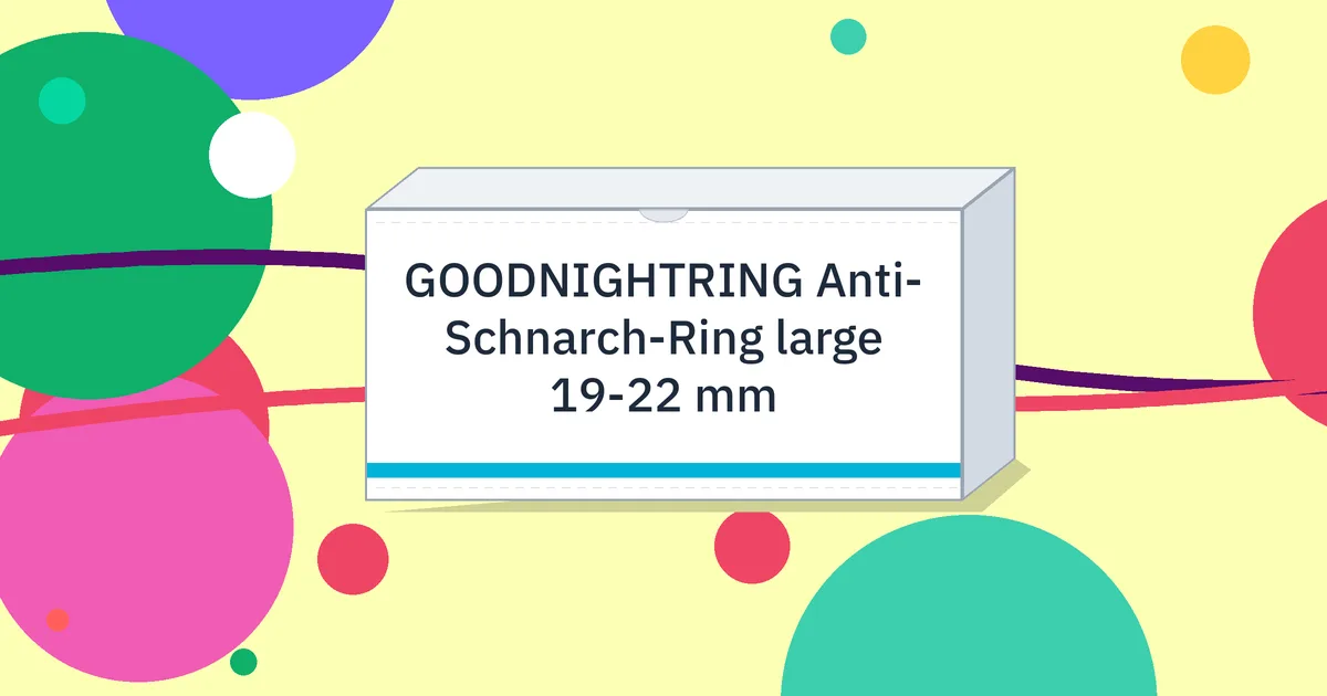 Symbolbild: Packung mit der Aufschrift GOODNIGHTRING Anti-Schnarch-Ring large 19-22 mm (PZN 19279737) – Verfügbarkeit und Bezug in Apotheken in Frankfurt am Main