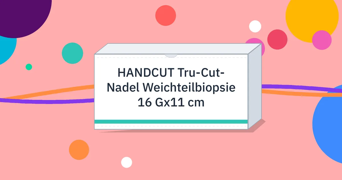 Symbolbild: Packung mit der Aufschrift HANDCUT Tru-Cut-Nadel Weichteilbiopsie 16 Gx11 cm (PZN 19736382) – Verfügbarkeit und Bezug in Apotheken in Frankfurt am Main