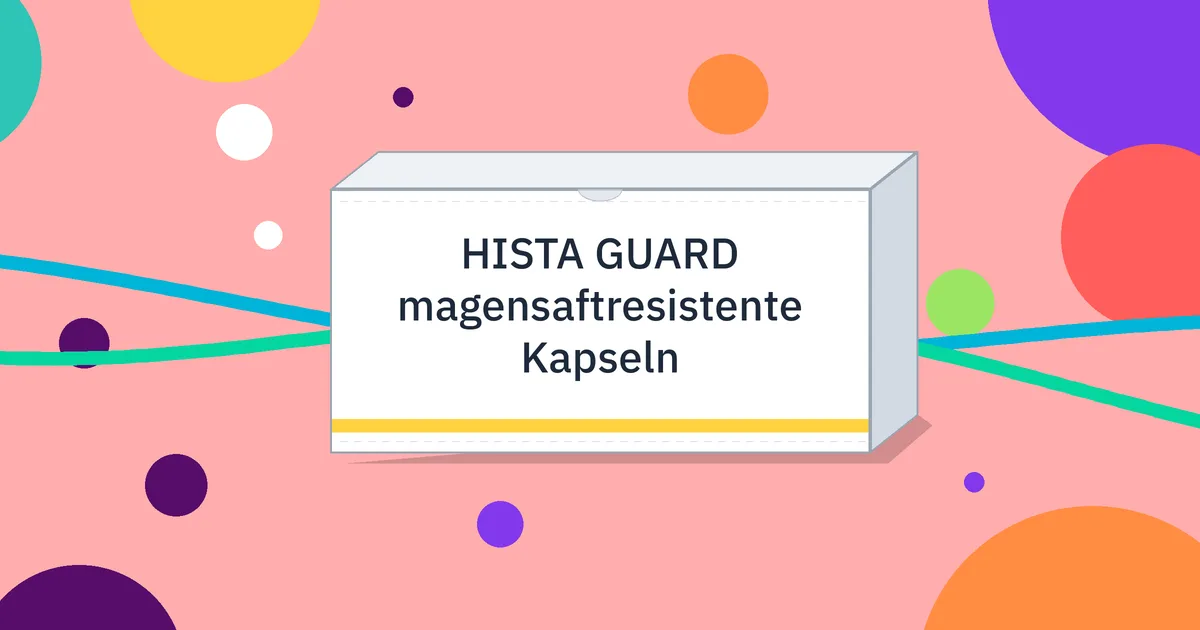 Symbolbild: Packung mit der Aufschrift HISTA GUARD magensaftresistente Kapseln (PZN 19438124) – Verfügbarkeit und Bezug in Apotheken in Frankfurt am Main