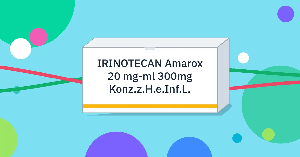 Symbolbild: Packung mit der Aufschrift IRINOTECAN Amarox 20 mg-ml 300mg Konz.z.H.e.Inf.L. (PZN 19078186) – Verfügbarkeit und Bezug in Apotheken in Frankfurt am Main