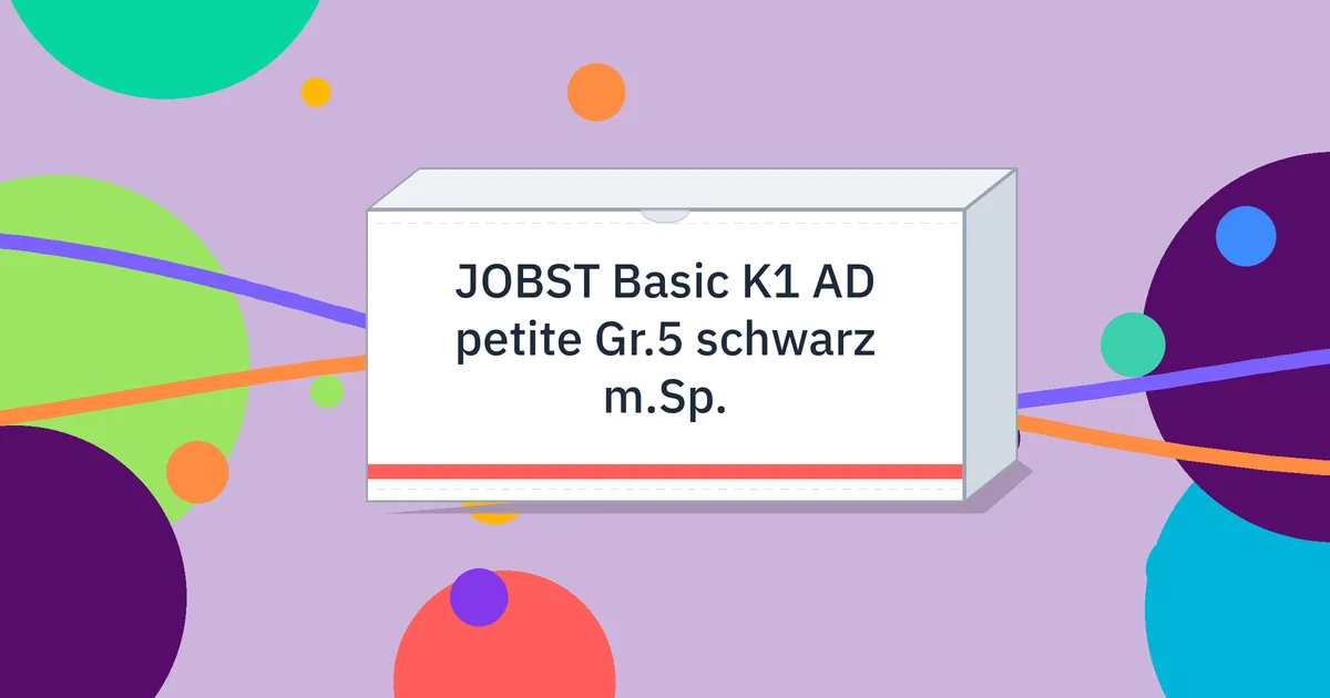 Symbolbild: Packung mit der Aufschrift JOBST Basic K1 AD petite Gr.5 schwarz m.Sp. (PZN 15310806) – Verfügbarkeit und Bezug in Apotheken in Frankfurt am Main