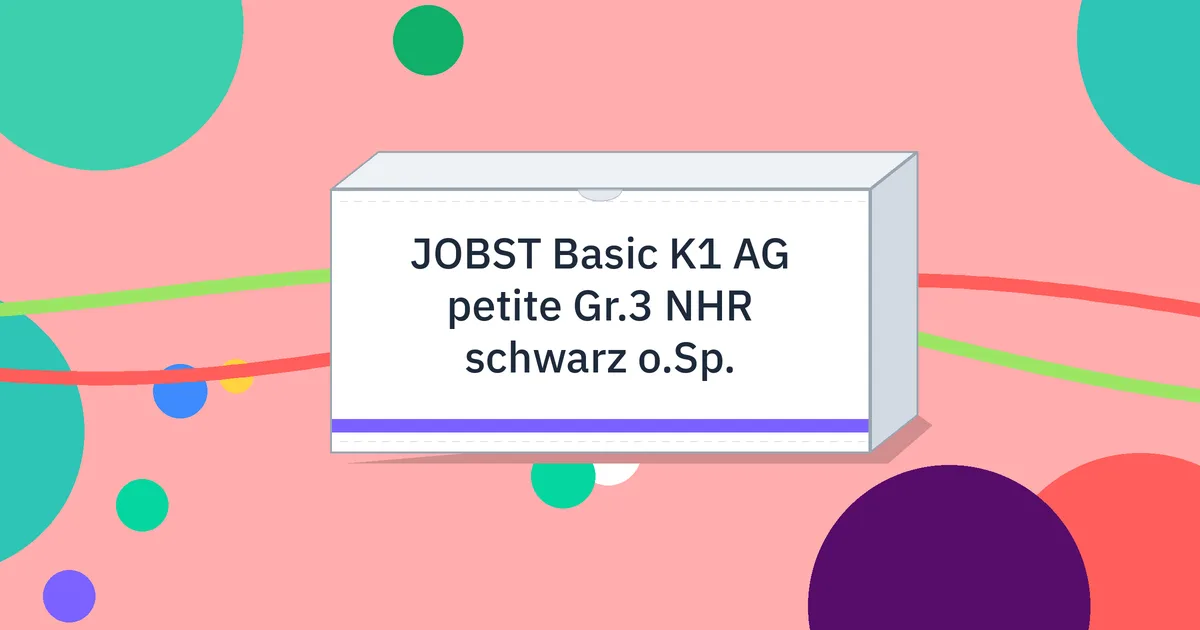 Symbolbild: Packung mit der Aufschrift JOBST Basic K1 AG petite Gr.3 NHR schwarz o.Sp. (PZN 15309499) – Verfügbarkeit und Bezug in Apotheken in Frankfurt am Main
