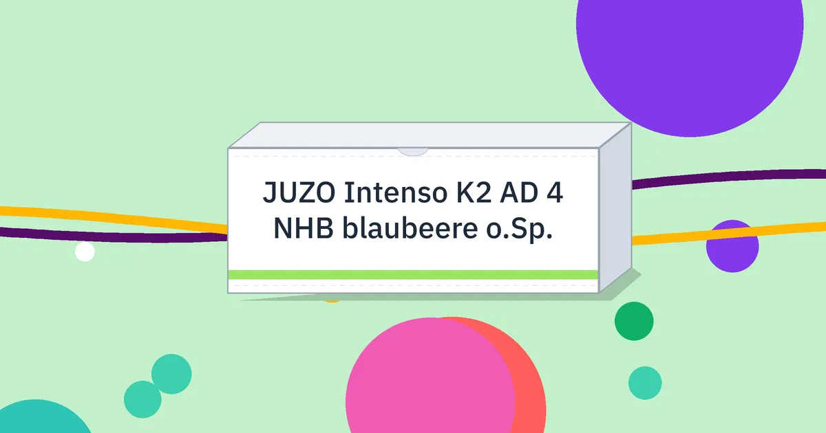 Symbolbild: Packung mit der Aufschrift JUZO Intenso K2 AD 4 NHB blaubeere o.Sp. (PZN 18620424) – Verfügbarkeit und Bezug in Apotheken in Frankfurt am Main