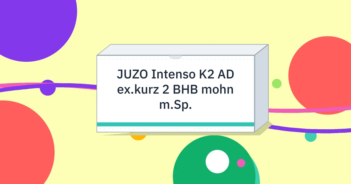 Symbolbild: Packung mit der Aufschrift JUZO Intenso K2 AD ex.kurz 2 BHB mohn m.Sp. (PZN 18615297) – Verfügbarkeit und Bezug in Apotheken in Frankfurt am Main