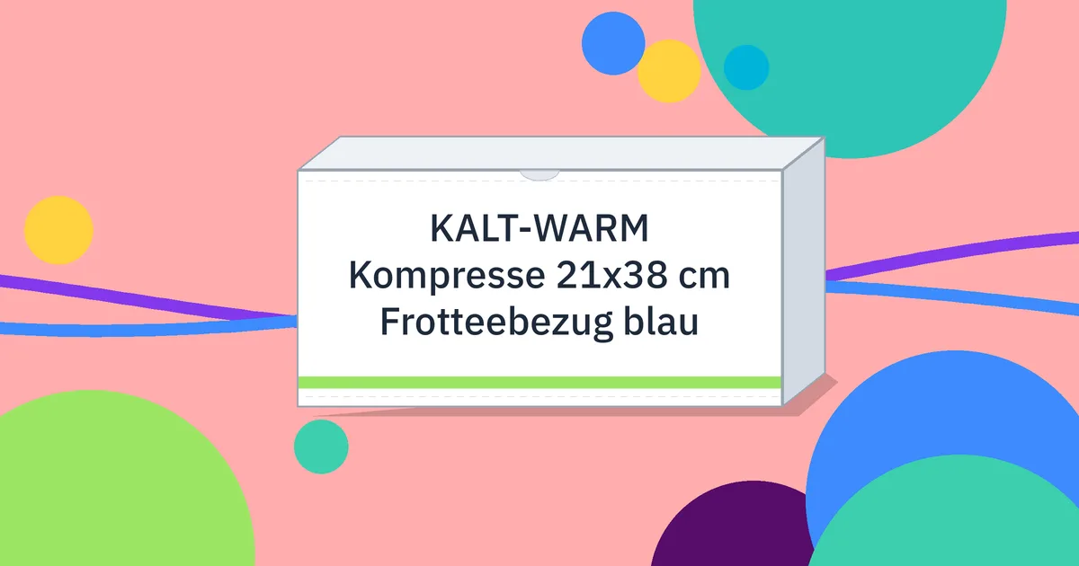 Symbolbild: Packung mit der Aufschrift KALT-WARM Kompresse 21x38 cm Frotteebezug blau (PZN 10076961) – Verfügbarkeit und Bezug in Apotheken in Frankfurt am Main