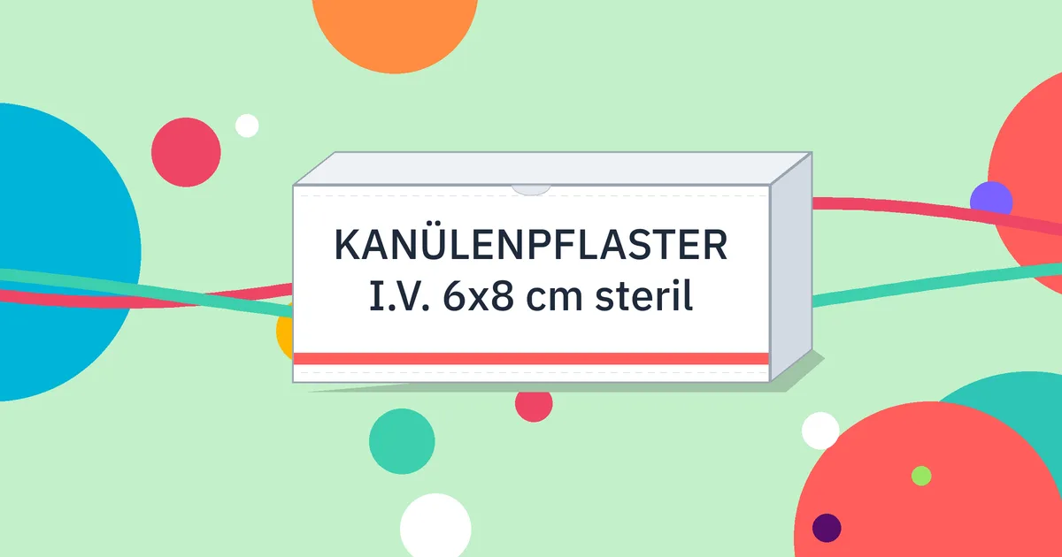 Symbolbild: Packung mit der Aufschrift KANÜLENPFLASTER I.V. 6x8 cm steril (PZN 20126370) – Verfügbarkeit und Bezug in Apotheken in Frankfurt am Main