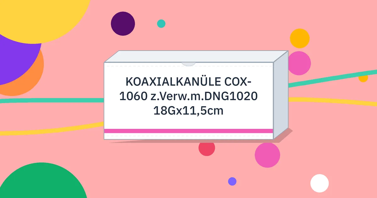 Symbolbild: Packung mit der Aufschrift KOAXIALKANÜLE COX-1060 z.Verw.m.DNG1020 18Gx11,5cm (PZN 00284463) – Verfügbarkeit und Bezug in Apotheken in Frankfurt am Main