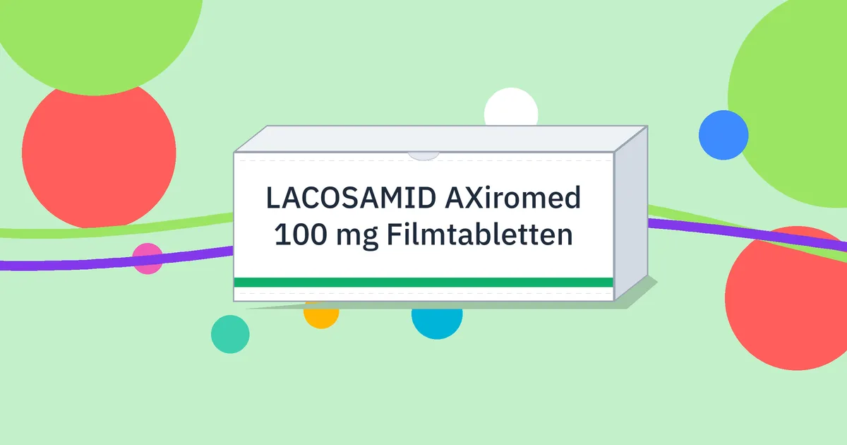 Symbolbild: Packung mit der Aufschrift LACOSAMID AXiromed 100 mg Filmtabletten (PZN 18726766) – Verfügbarkeit und Bezug in Apotheken in Frankfurt am Main